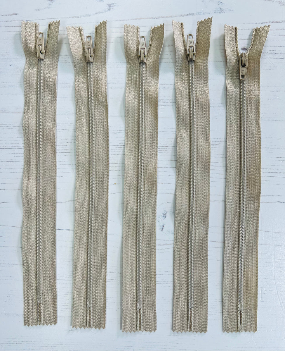 zips 8" long x 5 - colour beige as shown – owl and sewing cat