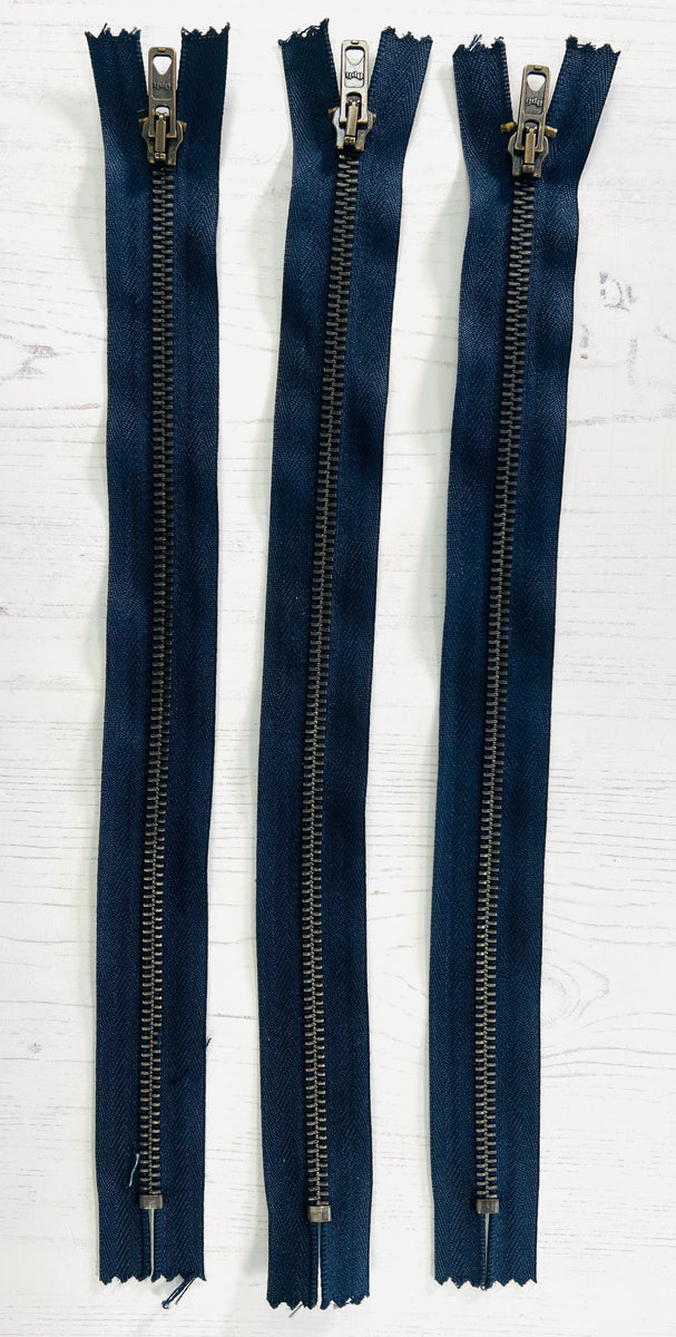 METAL TEETH OPEN ENDED CHUNKY zips 12" long x 3 - colour navy as shown ...