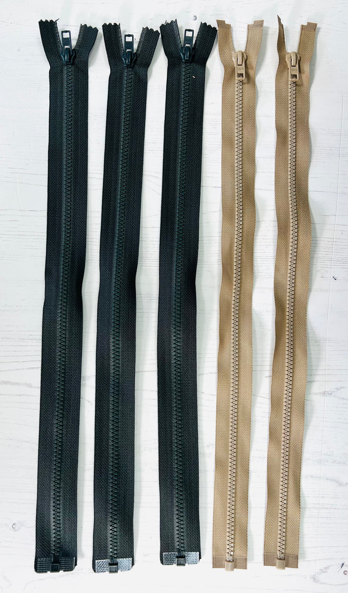 OPEN ENDED CHUNKY zips 18" long x 5 - colour grey & beige as shown ...