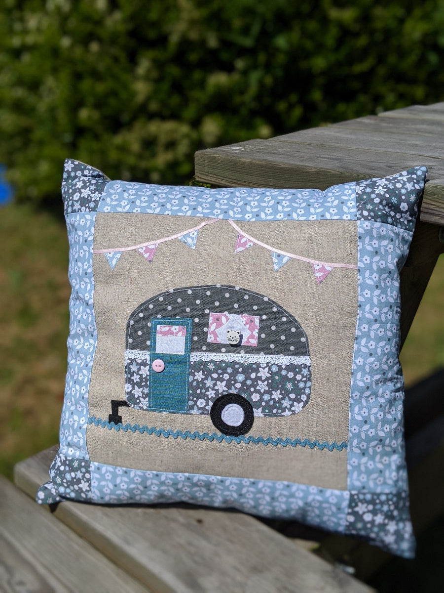 Applique Caravan Cushion Pattern – owl and sewing cat